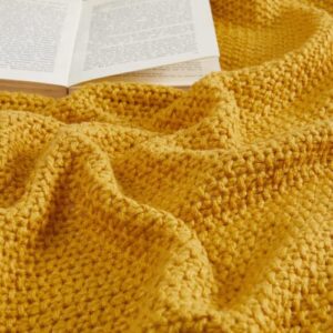 BOURINA Bed Throw Acrylic Chunky Knitted Throw Blanket,50" x 60" Mustard Textured Decorative Throw Blanket Thick Solid for Couch Chairs, Bedroom,Office Home,Travel Blanket