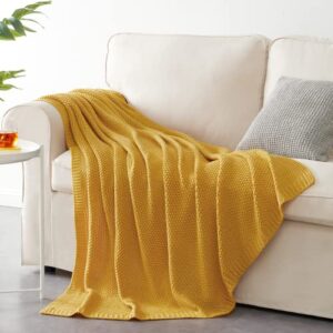 BOURINA Bed Throw Acrylic Chunky Knitted Throw Blanket,50" x 60" Mustard Textured Decorative Throw Blanket Thick Solid for Couch Chairs, Bedroom,Office Home,Travel Blanket