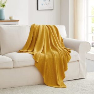 BOURINA Bed Throw Acrylic Chunky Knitted Throw Blanket,50" x 60" Mustard Textured Decorative Throw Blanket Thick Solid for Couch Chairs, Bedroom,Office Home,Travel Blanket