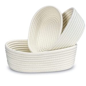 seaokais set of 3 cotton rope storage basket, small, oval, white