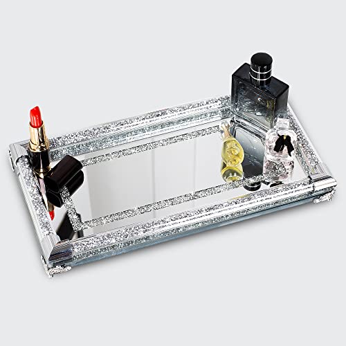 SHYFOY 12.5in Mirror Perfume Vanity Tray Crushed Diamond Filled Crystal Decorative Tray Silver Glass Tray Coffee Table Top Tray Decor Makeup Jewelry Tray Bathroom Washstand Tray for Dresser Home Decor