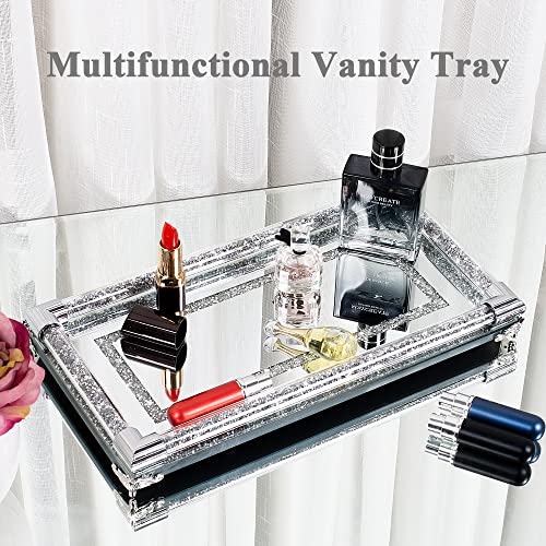 SHYFOY 12.5in Mirror Perfume Vanity Tray Crushed Diamond Filled Crystal Decorative Tray Silver Glass Tray Coffee Table Top Tray Decor Makeup Jewelry Tray Bathroom Washstand Tray for Dresser Home Decor