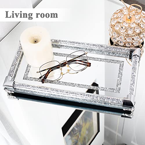 SHYFOY 12.5in Mirror Perfume Vanity Tray Crushed Diamond Filled Crystal Decorative Tray Silver Glass Tray Coffee Table Top Tray Decor Makeup Jewelry Tray Bathroom Washstand Tray for Dresser Home Decor