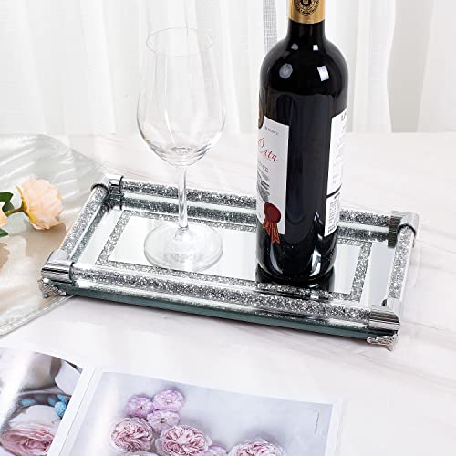 SHYFOY 12.5in Mirror Perfume Vanity Tray Crushed Diamond Filled Crystal Decorative Tray Silver Glass Tray Coffee Table Top Tray Decor Makeup Jewelry Tray Bathroom Washstand Tray for Dresser Home Decor