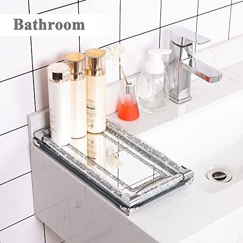 SHYFOY 12.5in Mirror Perfume Vanity Tray Crushed Diamond Filled Crystal Decorative Tray Silver Glass Tray Coffee Table Top Tray Decor Makeup Jewelry Tray Bathroom Washstand Tray for Dresser Home Decor