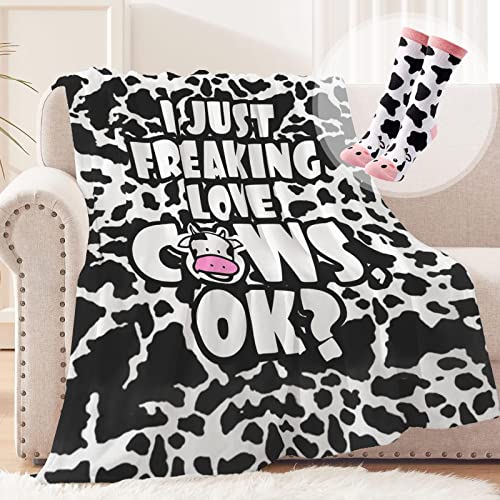 CusFuk Cute Cow Throw Blankets All Season Bed Blanket Decorative Home Farm Decor Gift Blanket 50x60 Inch with Socks for Girls Women Black-cow 50 inch x60 inch