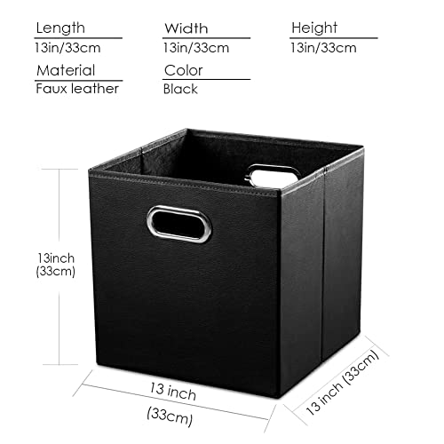 PRANDOM Leather Foldable Cube Storage Bins 13x13 inch [4-Pack] Fabric Storage Baskets Cubes Drawer with Cotton Handles Organizer for Shelves Toy Nursery Closet Bedroom Clothes Black