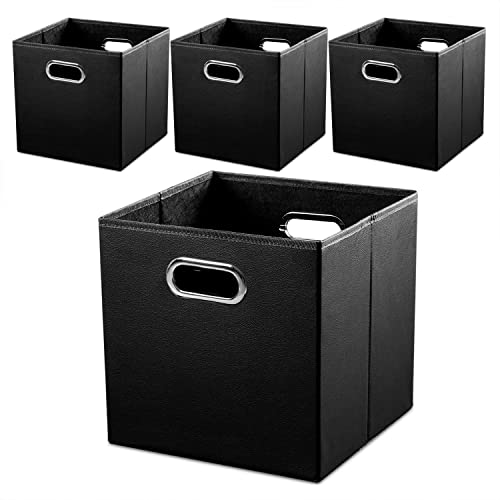 PRANDOM Leather Foldable Cube Storage Bins 13x13 inch [4-Pack] Fabric Storage Baskets Cubes Drawer with Cotton Handles Organizer for Shelves Toy Nursery Closet Bedroom Clothes Black