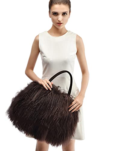 FINILUO Women Luxury Real Lamb/Mongolian Flush Wool Fur Handbag Chocolate