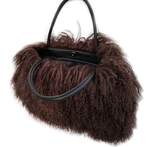 FINILUO Women Luxury Real Lamb/Mongolian Flush Wool Fur Handbag Chocolate