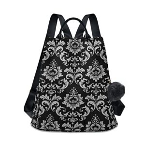 dark grey baroque, retro damask floral pattern on black women daypacks ladies backpack purse casual shoulder bag knapsack college schoolbag sitting rucksack students bookbag