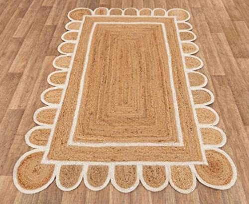 Natural Jute Scalloped Rug Bohemian Rug Decor Rug Handwoven Rug Custom Rug Decorative Rug by Durriesworld (2 x 4 FT Runner Rug), Brown and White