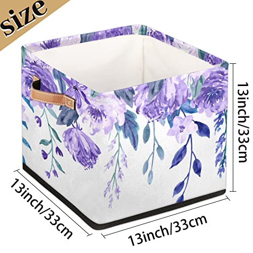 Purple Flower Pattern Storage Basket Bins for Organizing Pantry/Shelves/Office/Girls Room, Floral Print Storage Cube Box with Handles Collapsible Toys Organizer 13x13