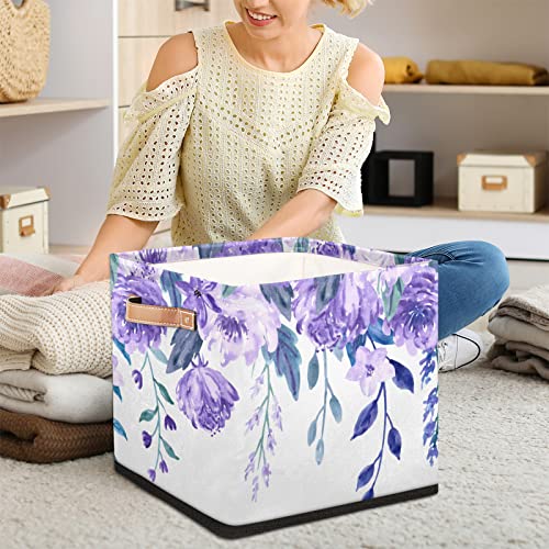 Purple Flower Pattern Storage Basket Bins for Organizing Pantry/Shelves/Office/Girls Room, Floral Print Storage Cube Box with Handles Collapsible Toys Organizer 13x13