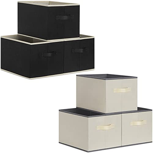 ASXSONN Fabric Storage Bins Set of 6, Large Storage Baskets for Shelves with Reinforced Handles, Black & Beige