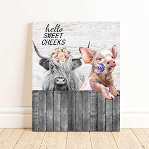 CSWMZQZY Highland Cow Head Wearing Flowers and Cute Pig Lavender Bathroom Decor Wall Art Hello Sweet Cheeks Farmhouse Animal Canvas Print Picture Framed Artwork (HELLO PIG COW,Wooden frame8''x10'')