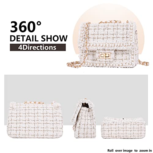 Qiayime Purse and Handbags for Women Fashion Tweed Pearl Top Handle Satchel Shoulder Tote bead chain Crossbody Clutch Bag (White)