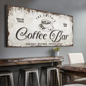 tailored canvases custom coffee bar sign – small and large canvas wall art decor signage for home, kitchen, coffee station, business and office – personalized rustic coffee in vintage cup, 36x12in