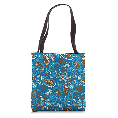 Blue Brown Paisley Floral Flowers Farmer Classy Trendy Tote Bag