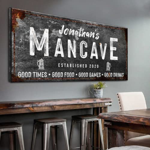 TAILORED CANVASES Man Cave Wall Sign - Personalized Mancave Wall Art Decor for Men, Guys - Custom Decoration for Home Bar, Entertainment Room, Game Room and Basement - Rustic Decoration 20x10in