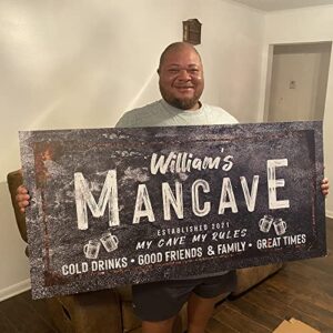 TAILORED CANVASES Man Cave Wall Sign - Personalized Mancave Wall Art Decor for Men, Guys - Custom Decoration for Home Bar, Entertainment Room, Game Room and Basement - Rustic Decoration 20x10in