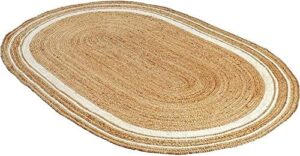 agro richer farmhouse rugs for living natural jute area rug hand braided oval rugs for bedroom, kitchen, living room rug carpet (3×5 square feet, white line)