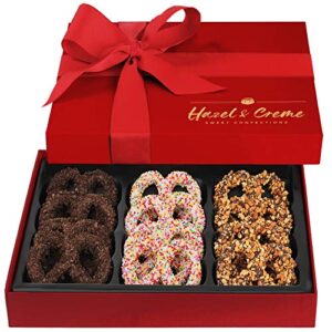 hazel & creme chocolate covered pretzel gift box – mother’s day gourmet pretzels – food gift – anniversary, birthday, corporate, holiday gourmet gift