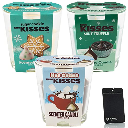 Hershey Scented Candle Variety Pack of 3 - Sugar Cookie Candle, Hershey Kisses and Hot Cocoa Scented Candles - Bundle with Ballard Products Car Air Freshener