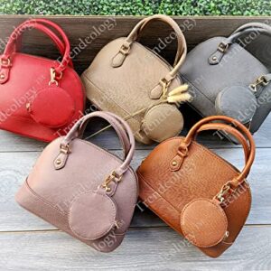 Vegan Leather Womens Girls Small Dome Satchel Bag Coin Purse Tote Handbag Crossbody (2-Piece Set with Coin Purse - Khaki)