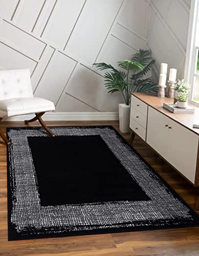 Beverly Rug Modern Border Indoor 5x7 Area Rugs w/Jute Backing for Living Room, Bedroom, and Kitchen Black/Off White