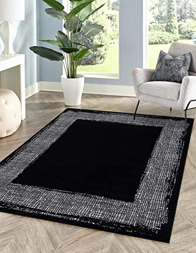 Beverly Rug Modern Border Indoor 5x7 Area Rugs w/Jute Backing for Living Room, Bedroom, and Kitchen Black/Off White