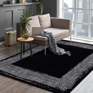 Beverly Rug Modern Border Indoor 5x7 Area Rugs w/Jute Backing for Living Room, Bedroom, and Kitchen Black/Off White