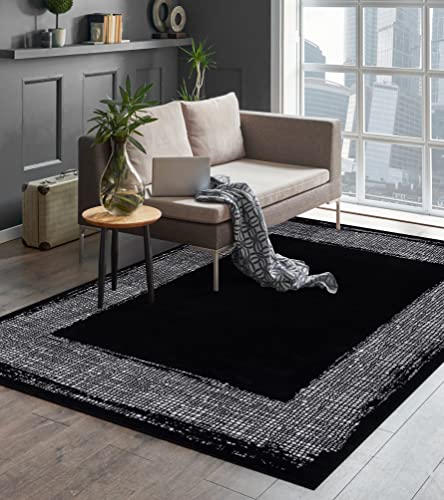 Beverly Rug Modern Border Indoor 5x7 Area Rugs w/Jute Backing for Living Room, Bedroom, and Kitchen Black/Off White