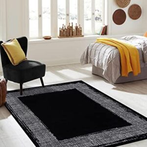 Beverly Rug Modern Border Indoor 5x7 Area Rugs w/Jute Backing for Living Room, Bedroom, and Kitchen Black/Off White