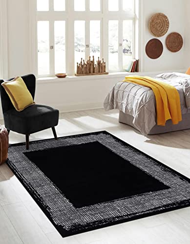 Beverly Rug Modern Border Indoor 5x7 Area Rugs w/Jute Backing for Living Room, Bedroom, and Kitchen Black/Off White