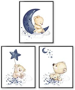 bda36-z set of 3 poster丨nursery children’s room bear moon star decor wall art poster丨cute modern nordic home decor poster blue painting art丨for boy girl kids room playroom丨8×10 inch unframed