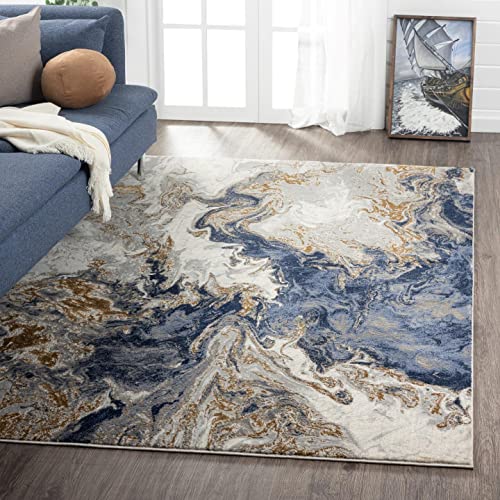 LUXE WEAVERS Marble Collection Blue Area Rug 5x7 Modern Abstract Swirl Design Non-Shedding Carpet