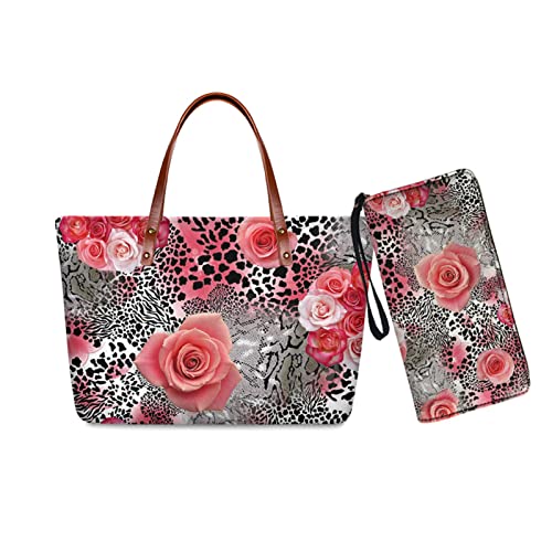 Suhoaziia Leopard with Pink Rose Women Handbag Fashion Satchel Purses Large Tote Shoulder Bag for Ladies 2pcs/Set Wallet