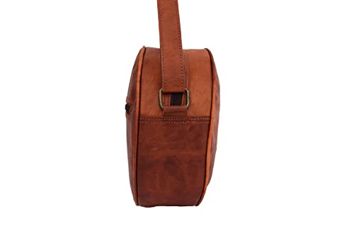 Handmade Vintage Leather Crossbody Bag Women/Teen Girls Satchel Handbag Round Messenger Sling Bags, 10 Inch Small, Brown