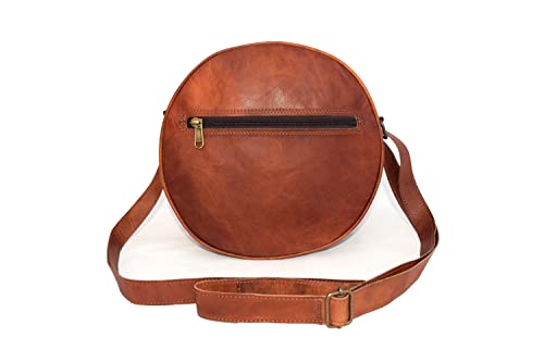 Handmade Vintage Leather Crossbody Bag Women/Teen Girls Satchel Handbag Round Messenger Sling Bags, 10 Inch Small, Brown