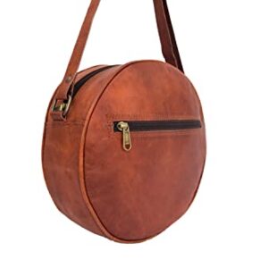 Handmade Vintage Leather Crossbody Bag Women/Teen Girls Satchel Handbag Round Messenger Sling Bags, 10 Inch Small, Brown