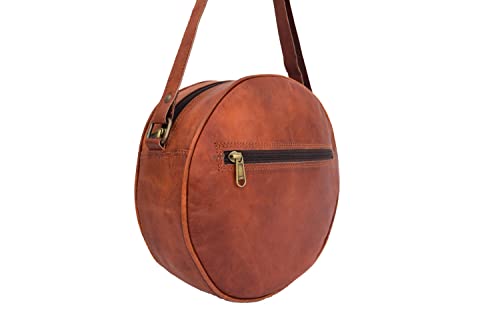 Handmade Vintage Leather Crossbody Bag Women/Teen Girls Satchel Handbag Round Messenger Sling Bags, 10 Inch Small, Brown