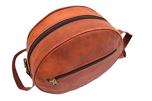 Handmade Vintage Leather Crossbody Bag Women/Teen Girls Satchel Handbag Round Messenger Sling Bags, 10 Inch Small, Brown