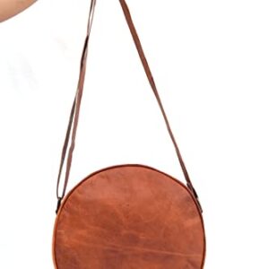 Handmade Vintage Leather Crossbody Bag Women/Teen Girls Satchel Handbag Round Messenger Sling Bags, 10 Inch Small, Brown