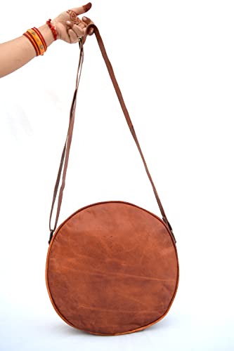 Handmade Vintage Leather Crossbody Bag Women/Teen Girls Satchel Handbag Round Messenger Sling Bags, 10 Inch Small, Brown