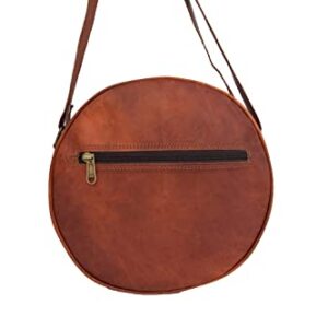 Handmade Vintage Leather Crossbody Bag Women/Teen Girls Satchel Handbag Round Messenger Sling Bags, 10 Inch Small, Brown