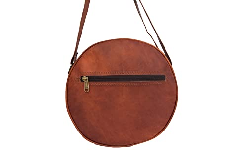 Handmade Vintage Leather Crossbody Bag Women/Teen Girls Satchel Handbag Round Messenger Sling Bags, 10 Inch Small, Brown