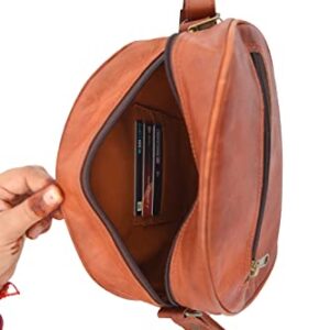 Handmade Vintage Leather Crossbody Bag Women/Teen Girls Satchel Handbag Round Messenger Sling Bags, 10 Inch Small, Brown