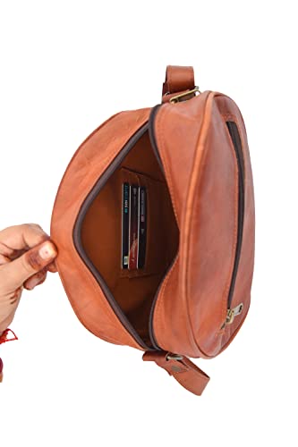 Handmade Vintage Leather Crossbody Bag Women/Teen Girls Satchel Handbag Round Messenger Sling Bags, 10 Inch Small, Brown