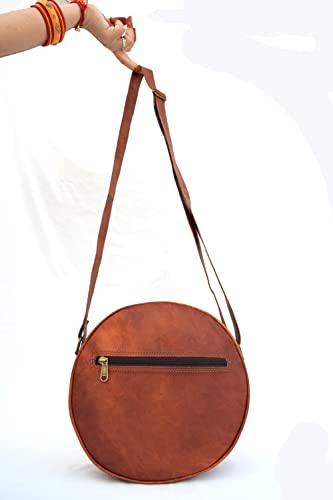 Handmade Vintage Leather Crossbody Bag Women/Teen Girls Satchel Handbag Round Messenger Sling Bags, 10 Inch Small, Brown